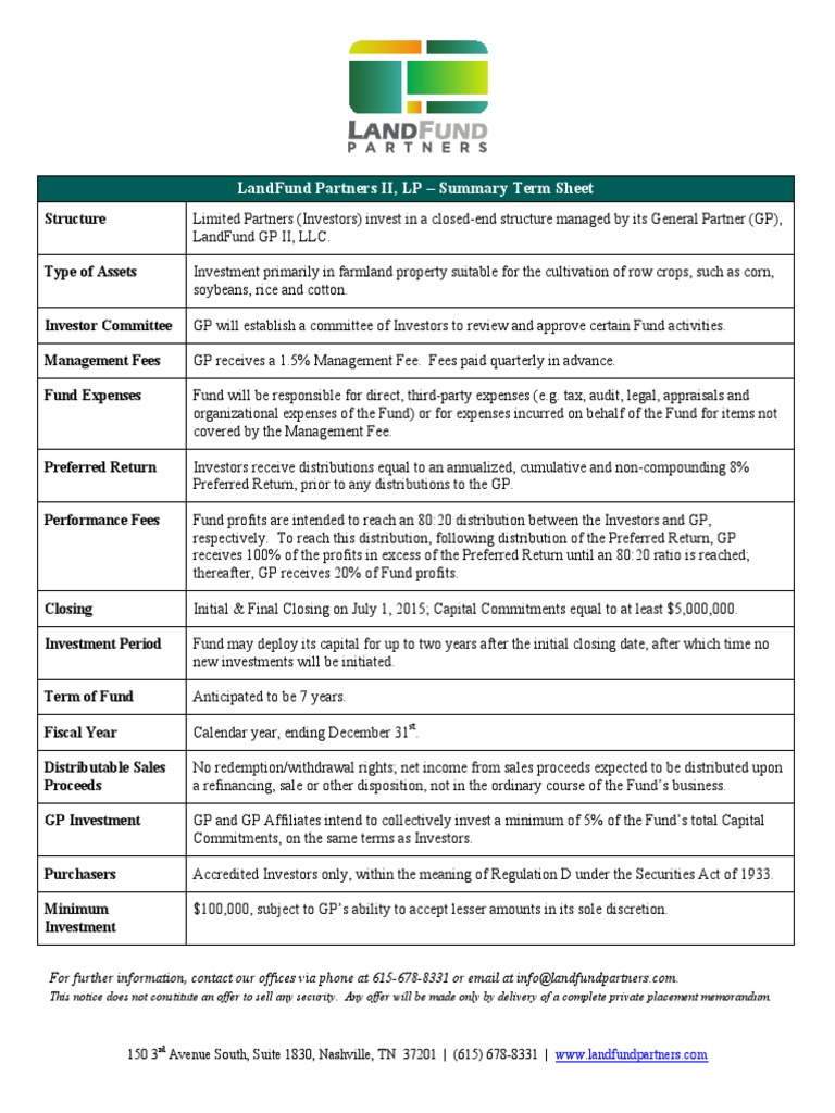 Landfund Partners Ii, LP - Summary Term Sheet: Structure | PDF | Closed ...