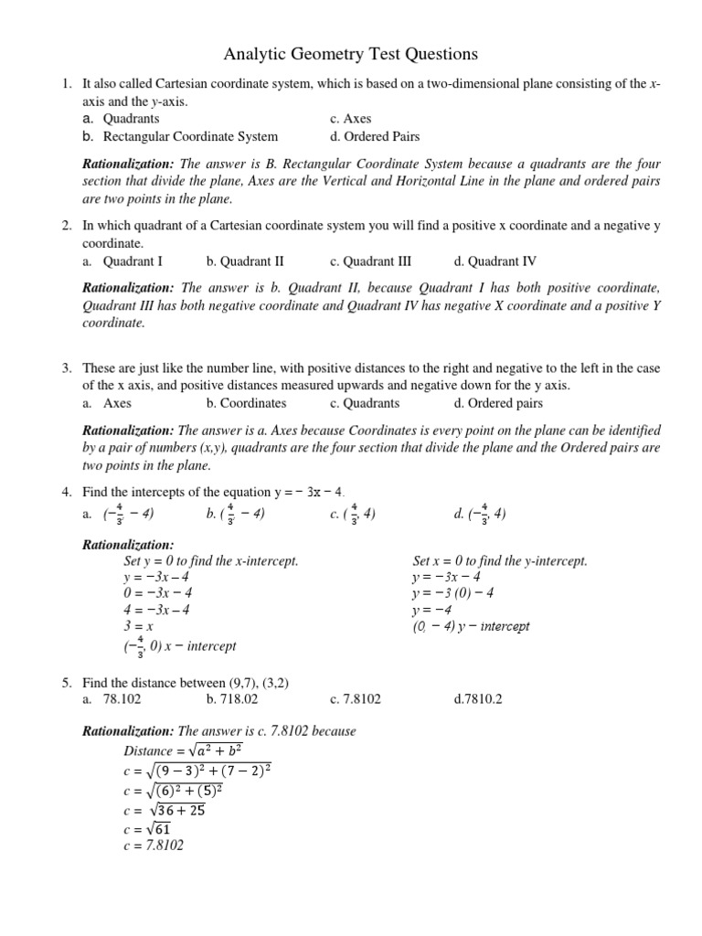 Analytic Geometry Test Questions Guide | PDF | Area | Cartesian ...