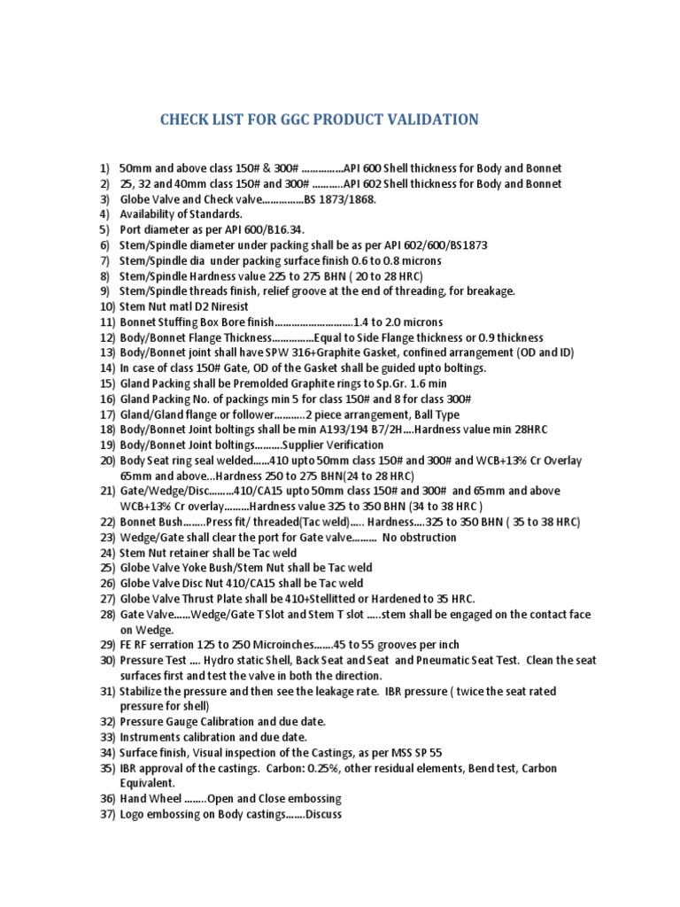 Check List For GGC Product Validation | PDF | Valve | Hydraulics