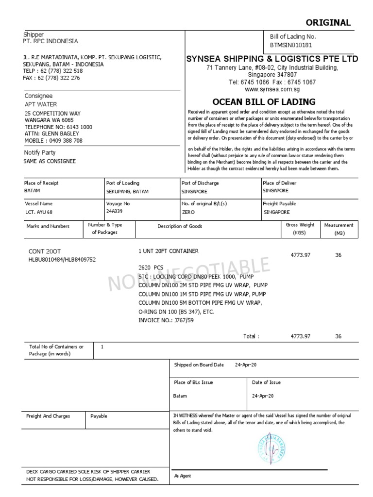 Synsea Shipping & Logistics Pte LTD: Original | PDF | Bill Of Lading ...