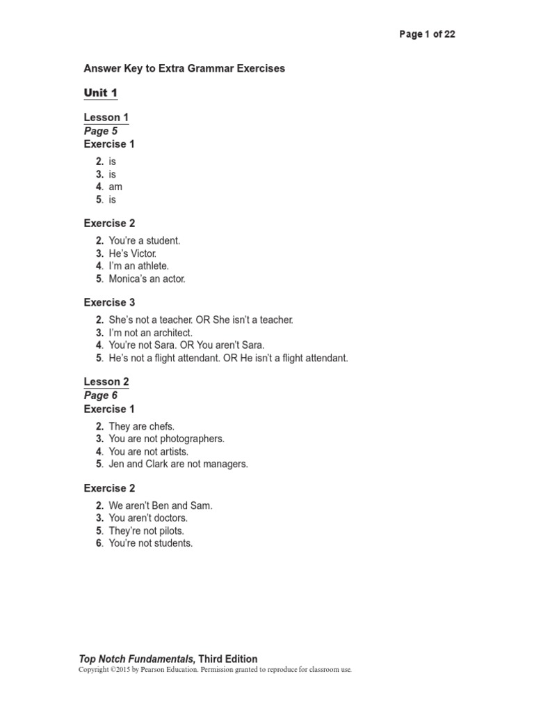 Unit 1: Answer Key To Extra Grammar Exercises | PDF | Workweek And Weekend