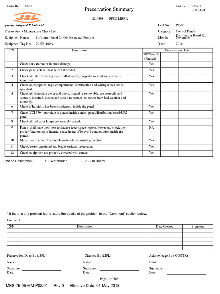 Vessel Preservation Checklist | PDF | Electrical Wiring | Bearing ...