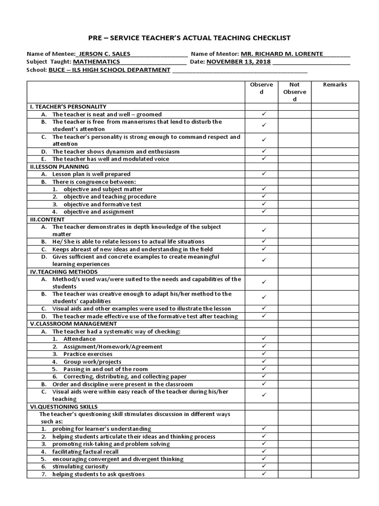 Pre-Service Teacher Checklist for Mathematics Lesson | PDF | Teaching ...