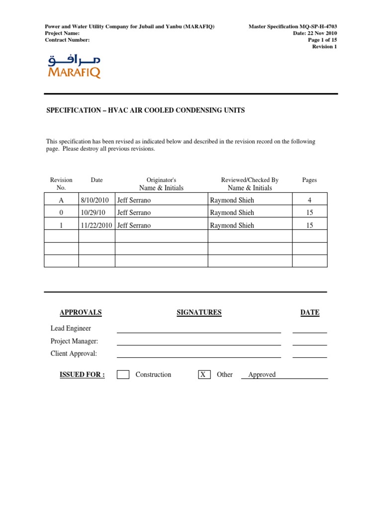 Specification - Hvac Air Cooled Condensing Units | PDF | Electrical ...