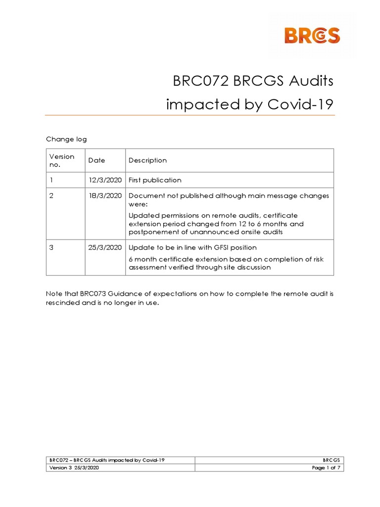 BRC Covid Requirements | PDF | Risk Assessment | Audit