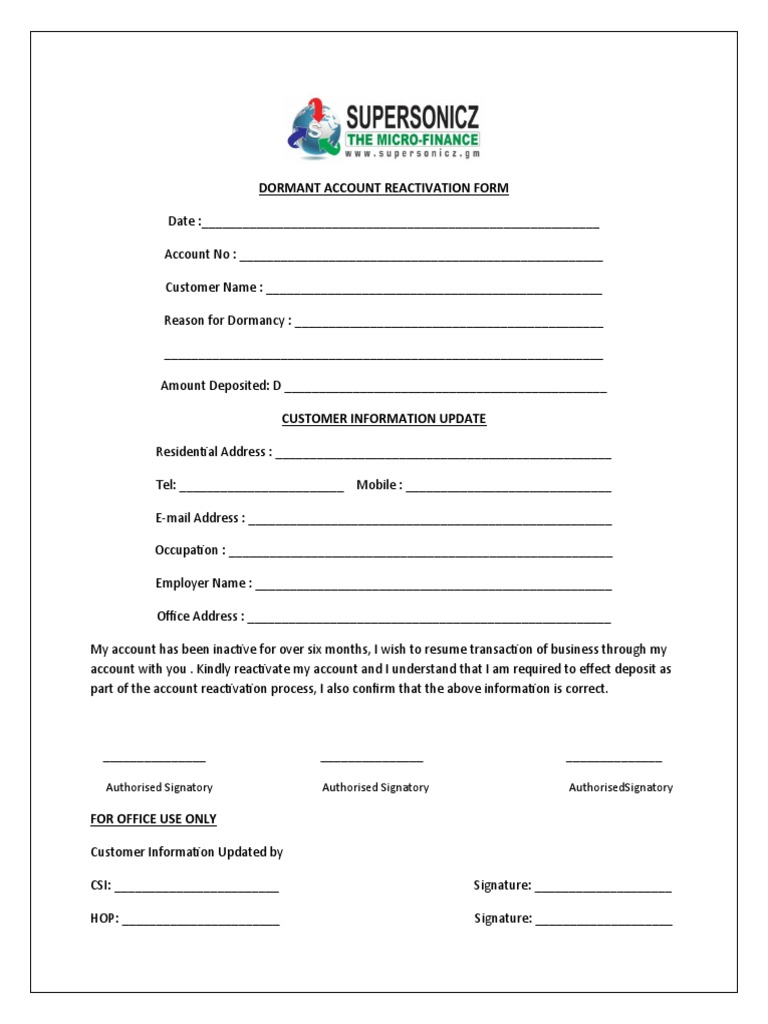 Dormant Account Reactivation Form | PDF