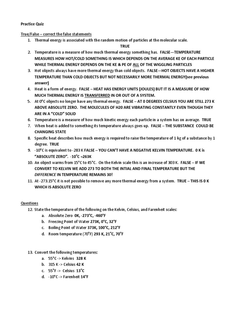 Thermal Energy Quiz and Answers | PDF | Temperature | Heat