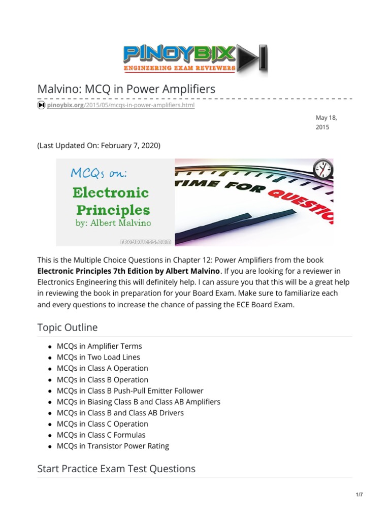 MCQs on Power Amplifiers by Malvino | PDF | Amplifier | Electrical ...