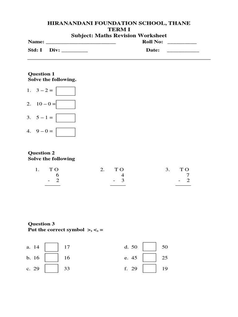 Class 1 Maths Revision Worksheet | PDF