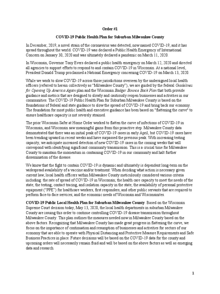 Order #1 COVID-19 Public Health Plan For Suburban Milwaukee County ...