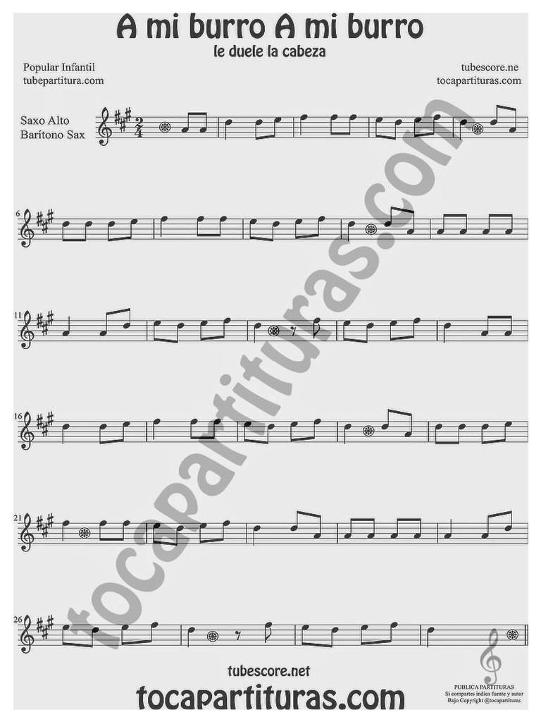 A Mi Burro Le Duele La Cabeza Partitura de Saxo Alto y Barítono Sheet ...