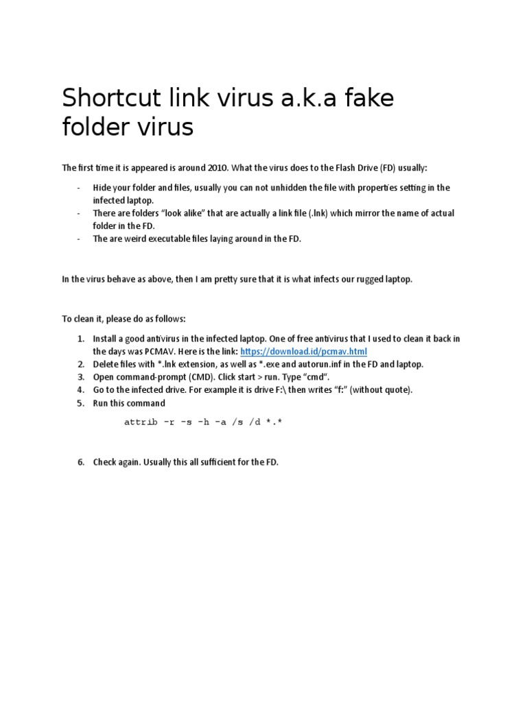 Shortcut Link Virus A.K.A Fake Folder Virus | PDF