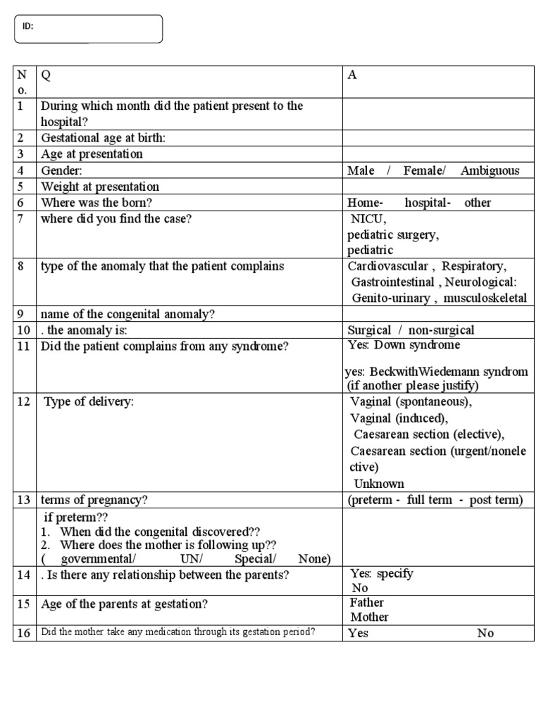 Congenital Anomalies Research Data Sheet | PDF | Pregnancy | Preterm Birth