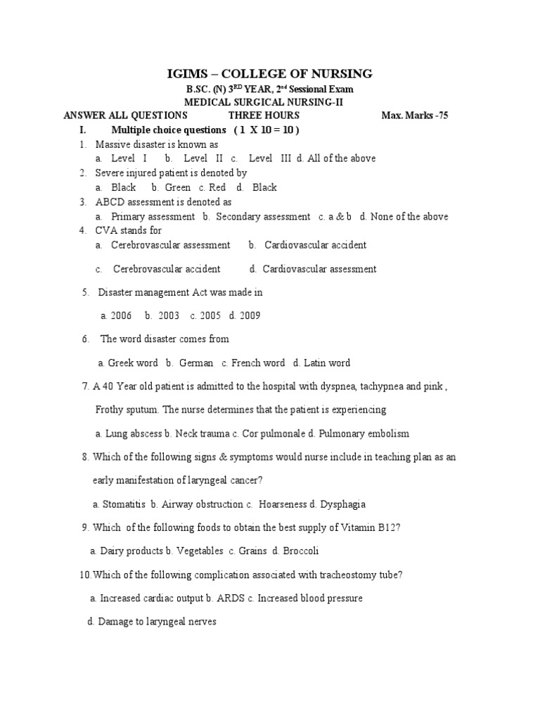 Igims - College of Nursing: I. Multiple Choice Questions (1 X 10 10 ...
