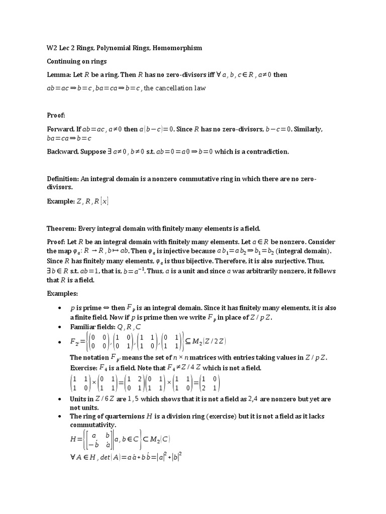 W1 Lec 2 Ring, Polynomial Rings, Homomorphism | PDF | Ring (Mathematics ...