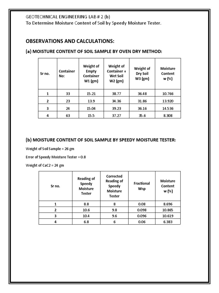 Observations and Calculations:: (A) Moisture Content of Soil Sample by ...