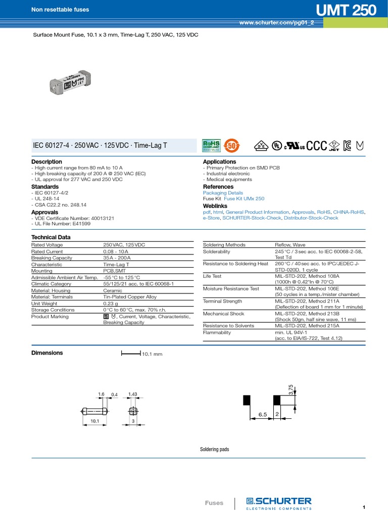 Surface Mount Fuse, 10.1 X 3 MM, Time-Lag T, 250 VAC, 125 VDC | PDF ...