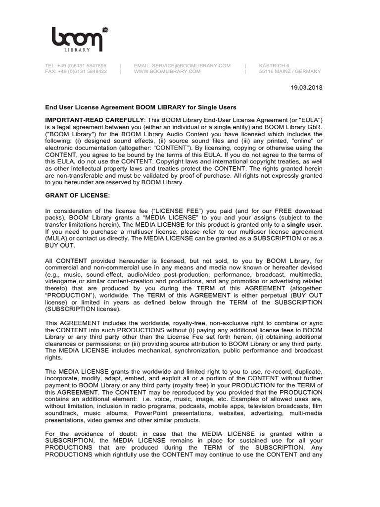 End User License Agreement BOOM LIBRARY For Single Users IMPORTANT-READ CAREFULLY: This BOOM ...