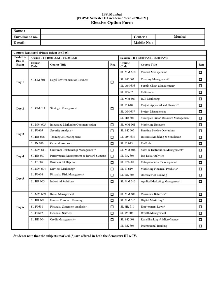 Elective Option Form Sem. III - Class of 2021 | PDF | Analytics | Marketing