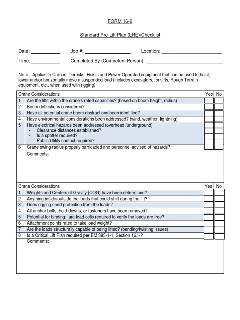 Standard Lift Plan Form 16-2 Fillable | PDF | Crane (Machine) | Equipment