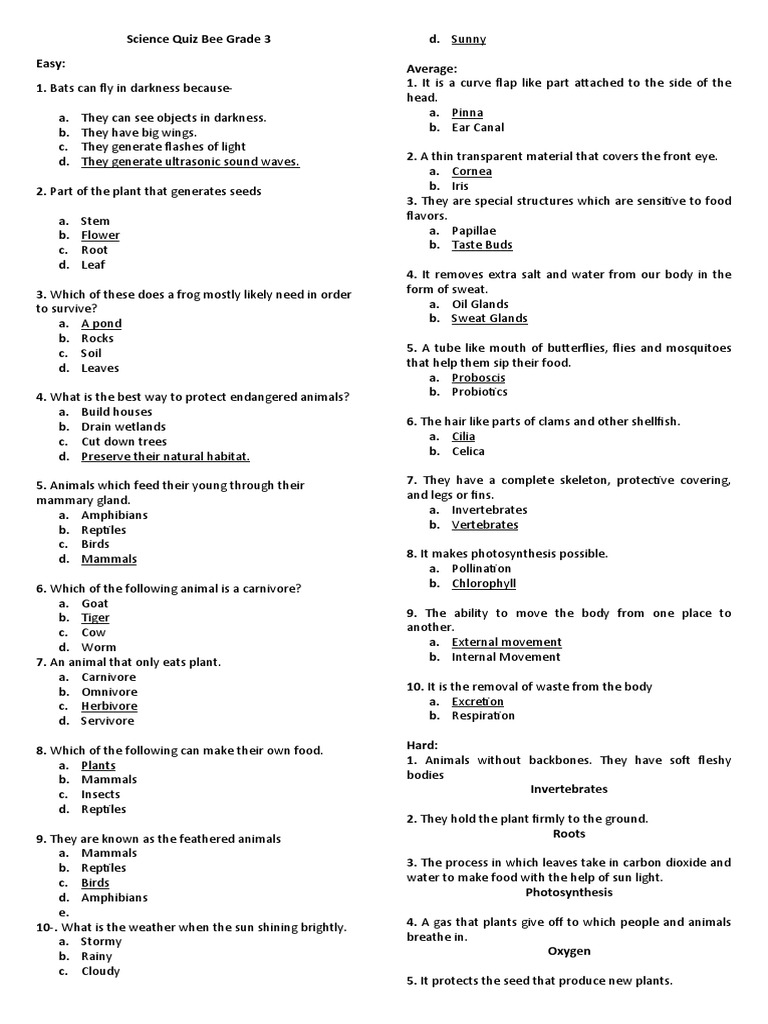 Grade 3 Science Quiz Bee Questions | PDF | Plants | Mammals