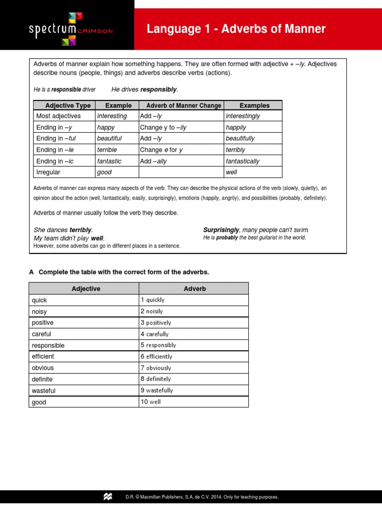 Language 1 - Adverbs of Manner: Adjective Type Example Adverb of Manner ...