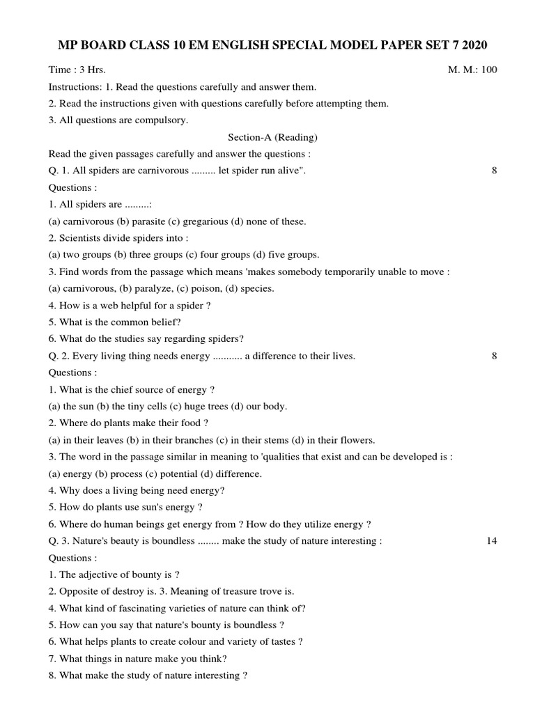 Class 10 English Model Paper Set 7 | PDF | Language Arts & Discipline