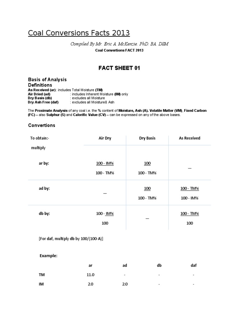 Coal Conversion Basics and Calculations | PDF | Ton | Tonne