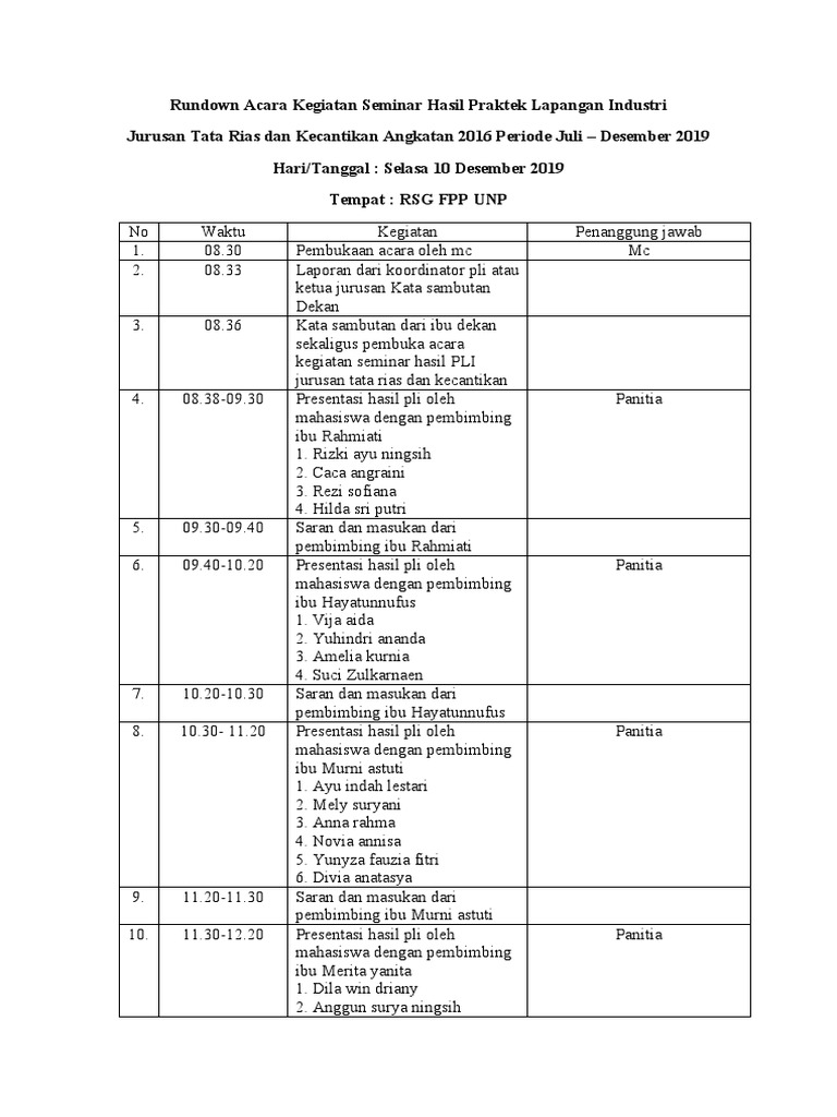 Rundown Acara Kegiatan Seminar Hasil Praktek Lapangan Industri | PDF