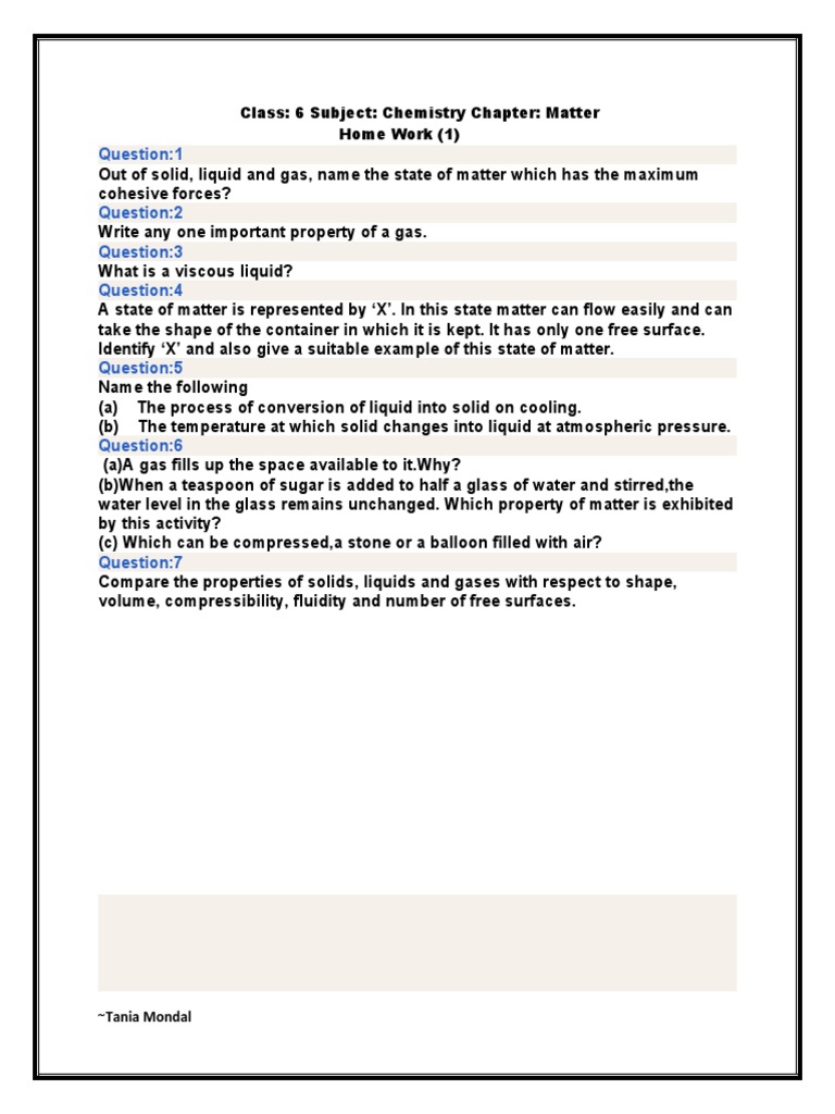 Class: 6 Subject: Chemistry Chapter: Matter Home Work (1) : Tania ...