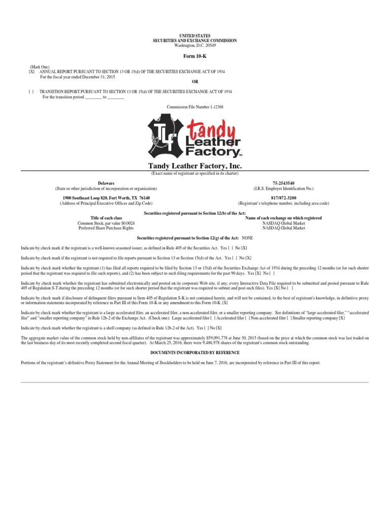 Tandy Leather Factory, Inc.: Form 10-K | PDF | Retail | Form 10 K