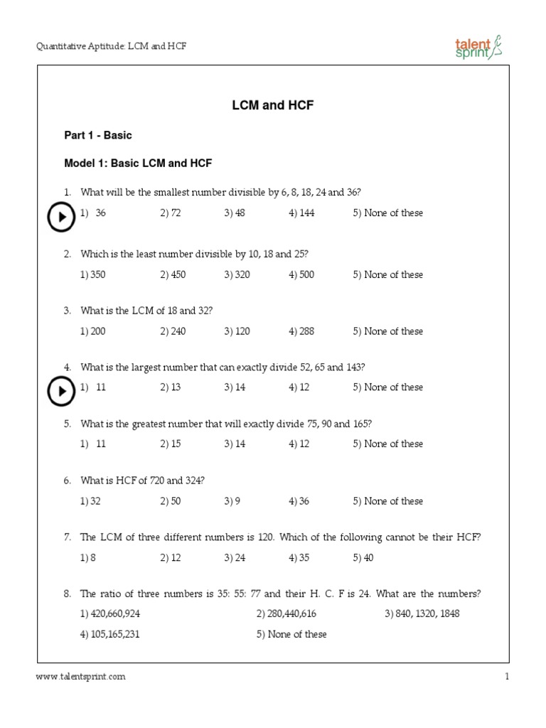 Part 1 - Basic Model 1: Basic LCM and HCF | PDF | Teaching Mathematics