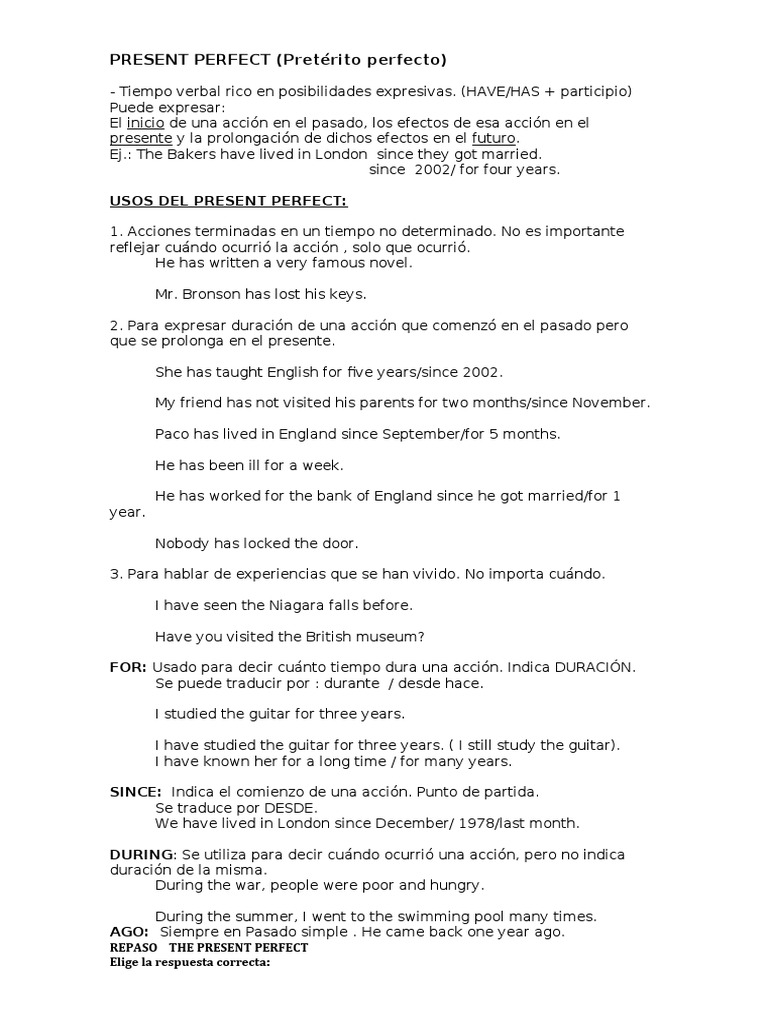 PRESENT PERFECT (Pretérito Perfecto) : Repaso The Present Perfect Elige ...