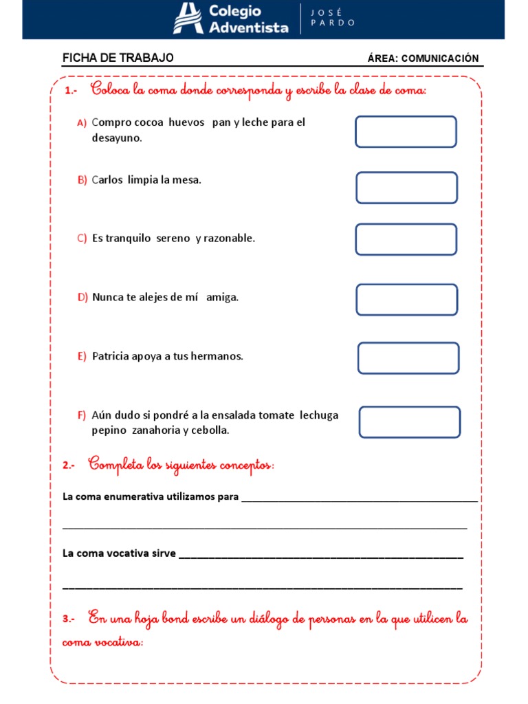 Hoja De Trabajo Sobre Comas En Series Hojas De Trabajo De Partes Del