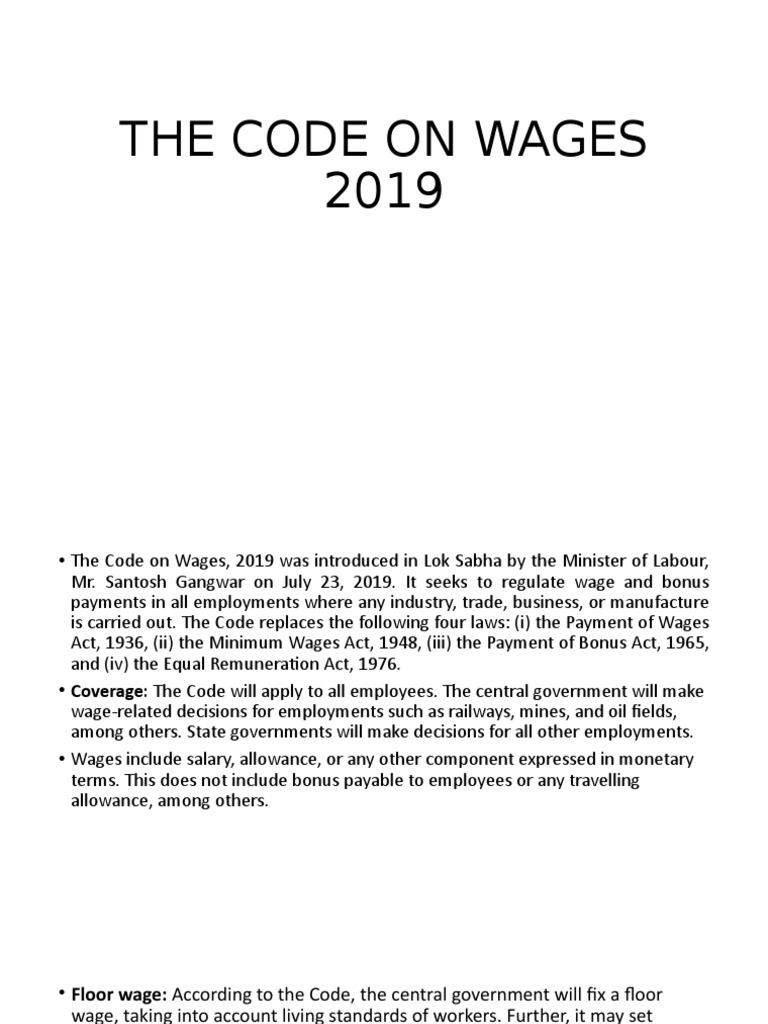 The Code On Wages 2019 | PDF | Wage | Labor