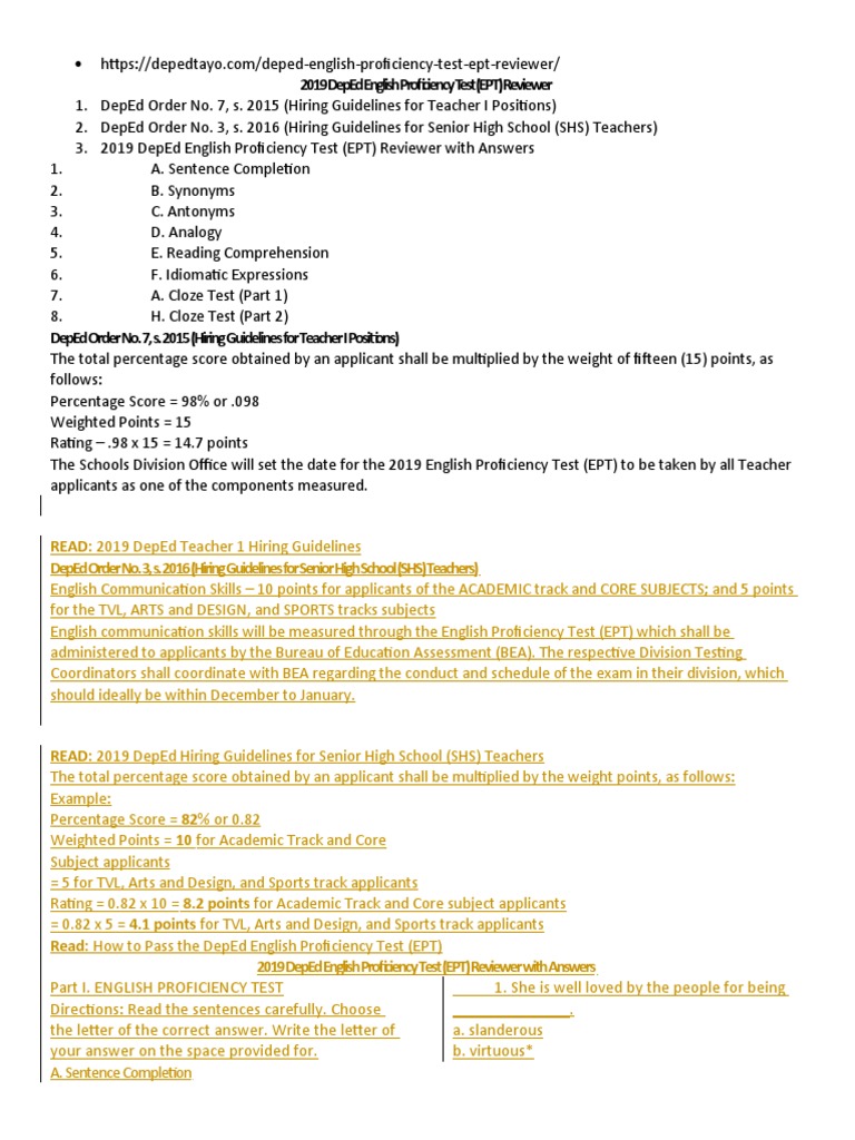 2019 Deped English Proficiency Test (Ept) Reviewer | PDF