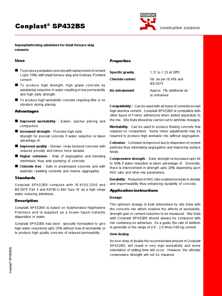 conplast-SP 432 BS Datasheet PDF | PDF | Concrete | Cement