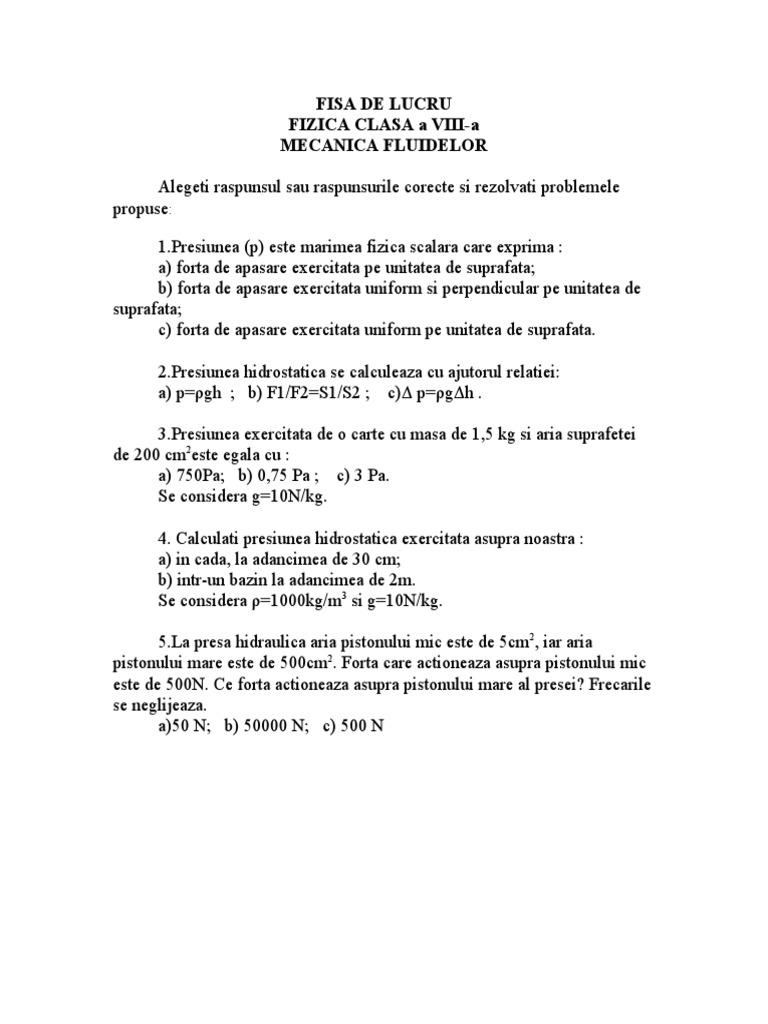 Statica Fluidelor Fisa de Lucru | PDF