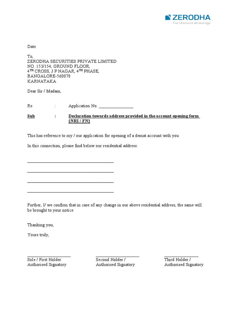 Sub: Declaration Towards Address Provided in The Account Opening Form ...