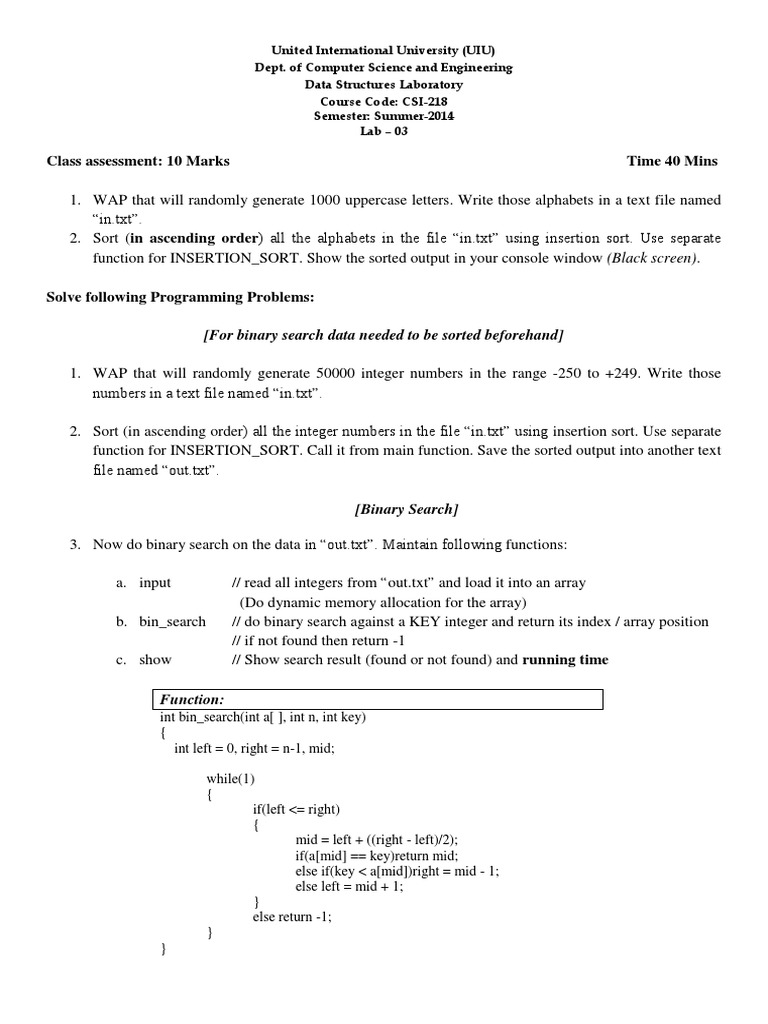 Data Structures Laboratory Implementing Insertion Sort Binary Search And Recursive Functions