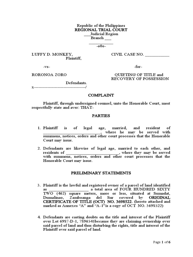 Complaint Sample For Quieting of Title and Recovery of Possession | PDF ...