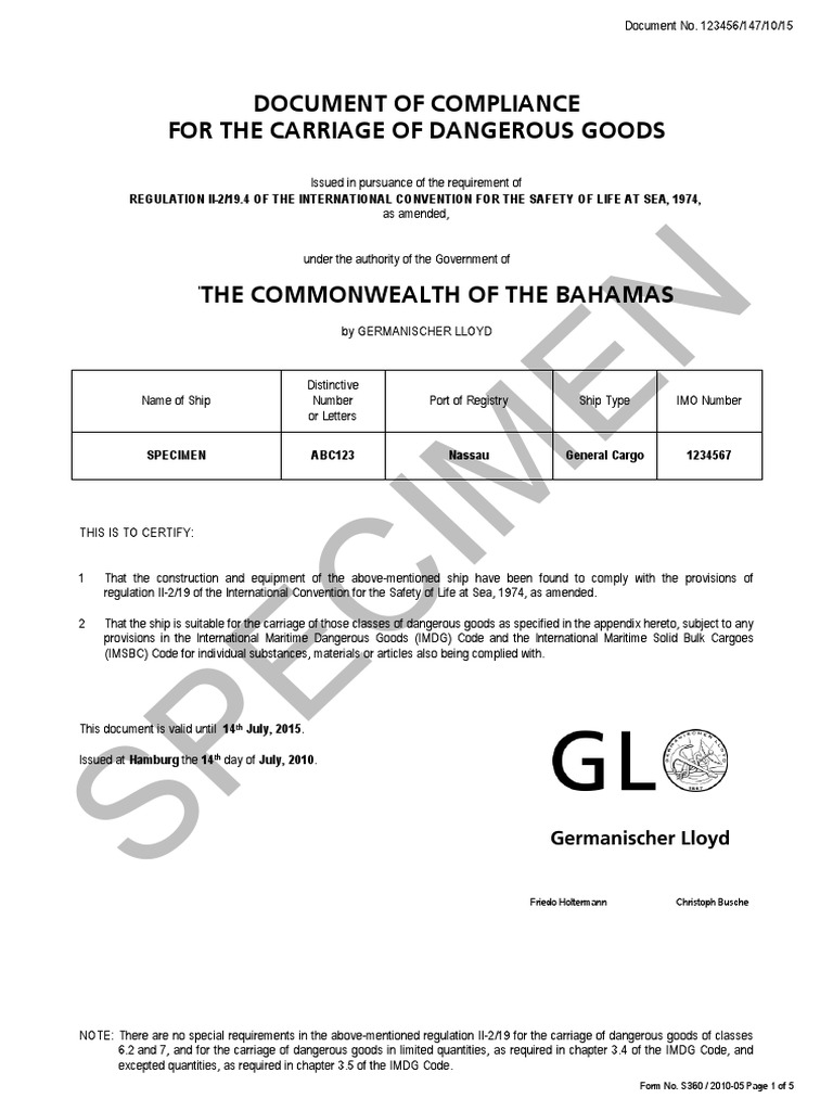 Document of Compliance for the Carriage of Dangerous Goods by Sea ...