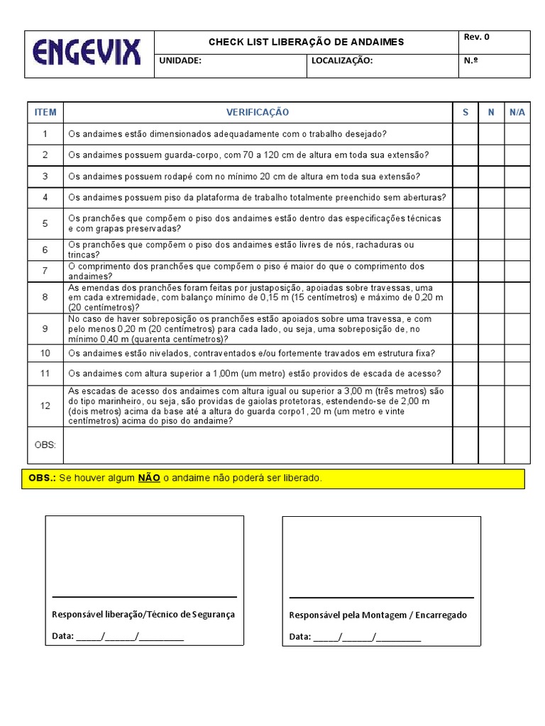 Check List de Liberação de Andaimes | PDF