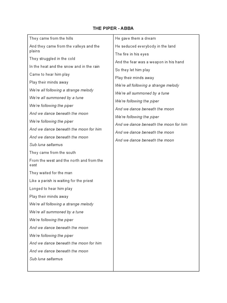 ABBA's "The Piper" Lyrics Analysis | PDF | Art | Poetry