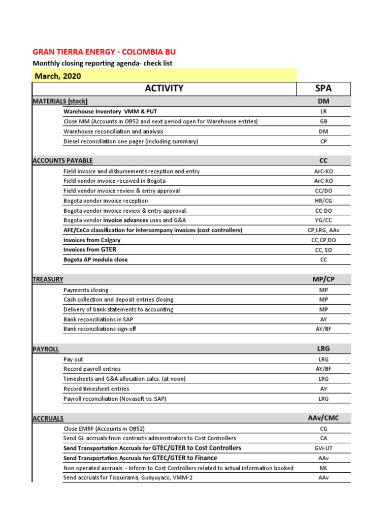 2020-Q1-Closing Timetable | PDF | Accounts Payable | Financial Services