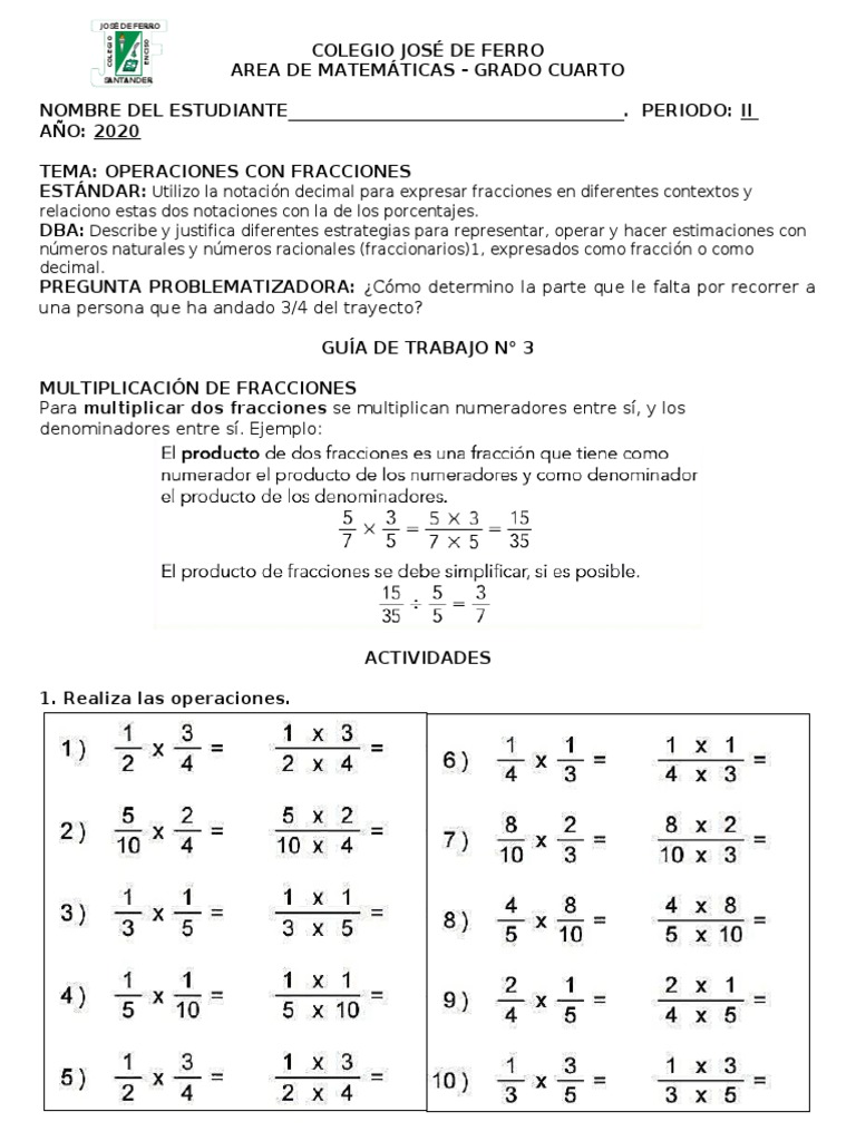 4° Guia 3 - Multiplicación de Fracciones | PDF