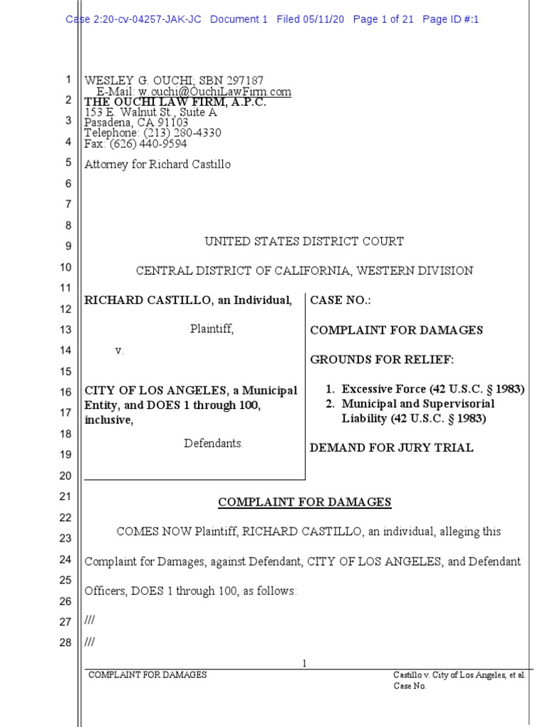 Richard Castillo Beat Down Lawsuit | PDF | Complaint | Police Brutality