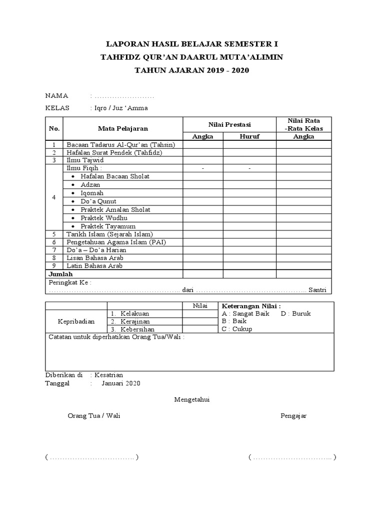 Format Rapot Tahfidz Qur'an | PDF