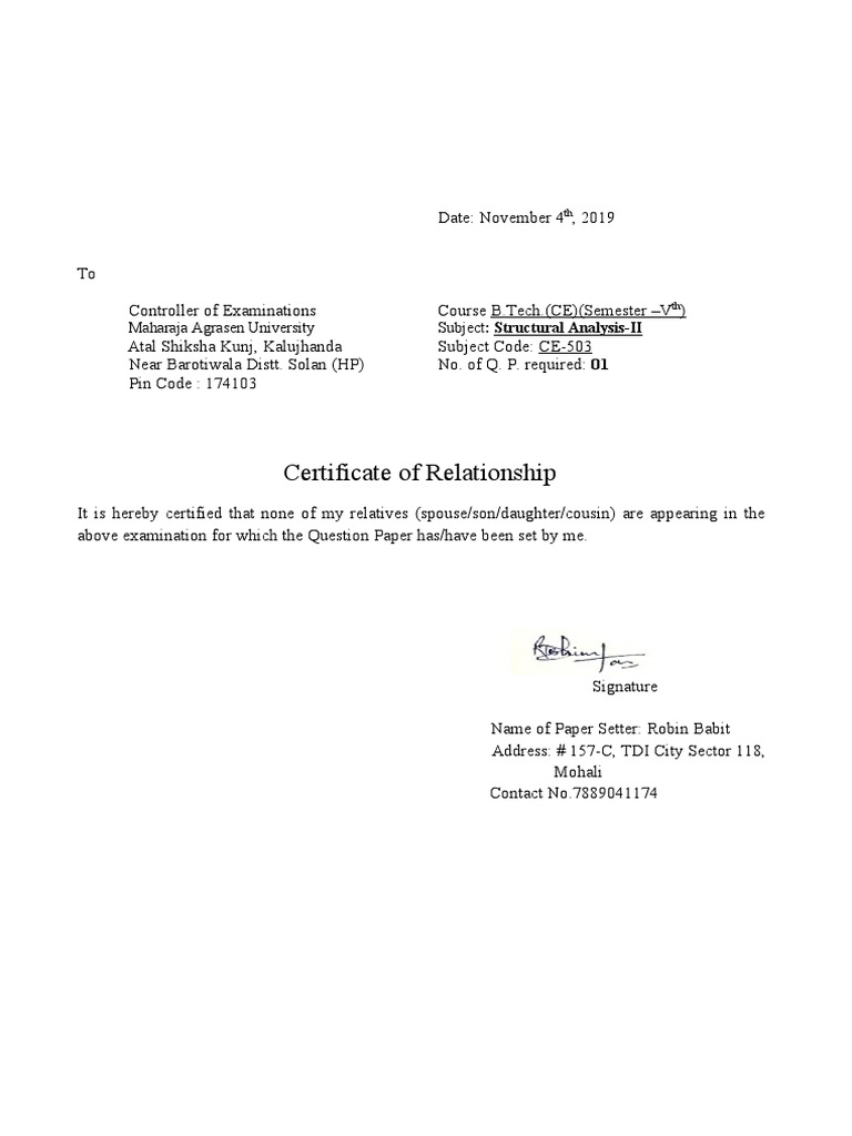 Certificate of Relationships | PDF