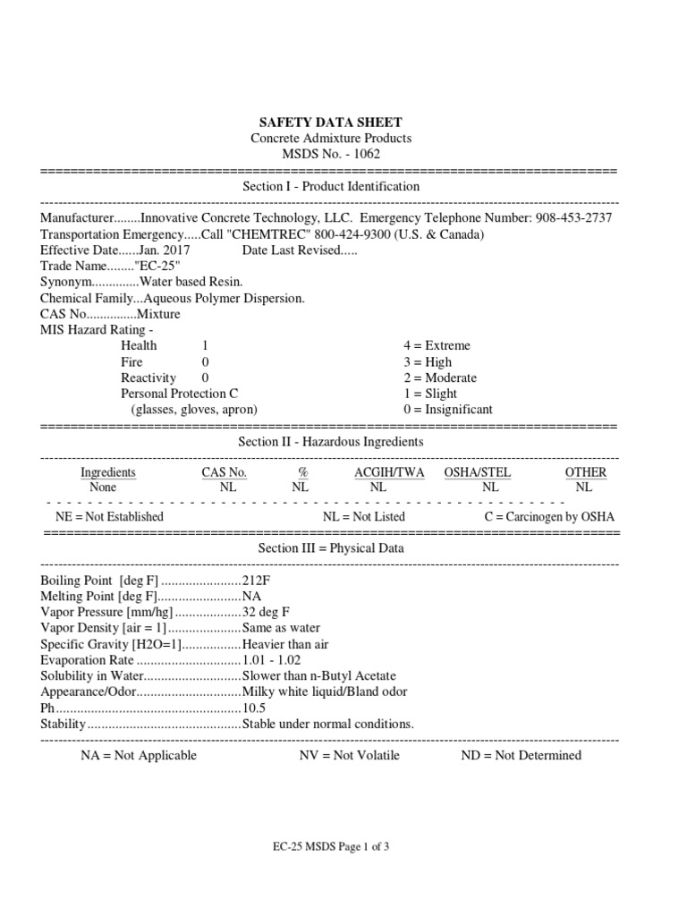 EC25 MSDS For Admixture Materilas PDF | PDF | Breathing | Fires